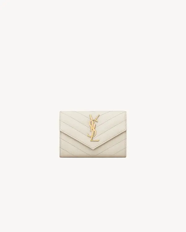 Saint Laurent Cassandre Matelassé Small Envelope Wallet In Grain De Poudre Leather - White