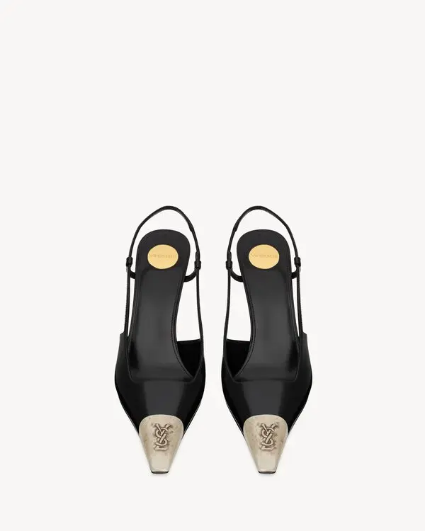 Saint Laurent Jeanne Slingback Pumps In Glazed Leather With Metal Cap Toe - Black