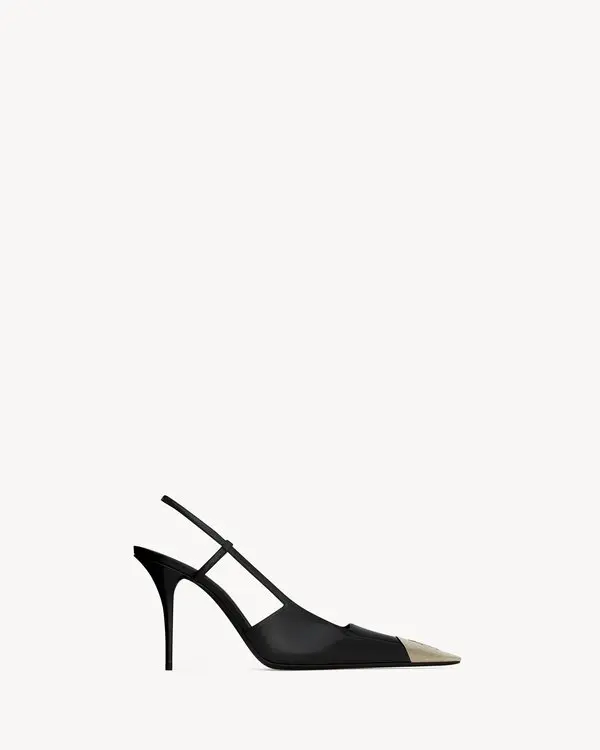 Saint Laurent Jeanne Slingback Pumps In Glazed Leather With Metal Cap Toe - Black