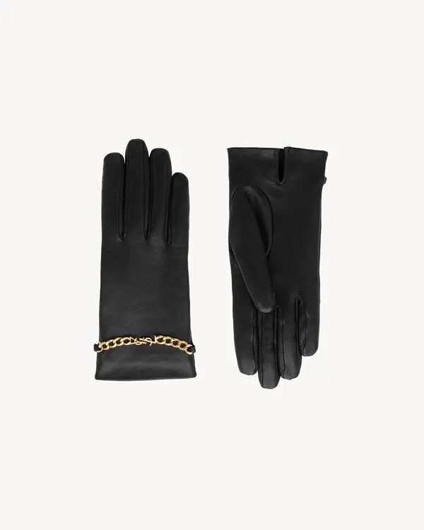 Saint Laurent Cassandre Gloves In Lambskin With Gold Tone Chain Detail - Black And Gold