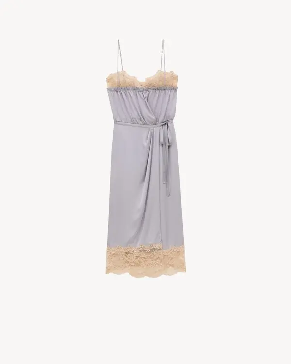 Saint Laurent Silk Charmeuse And Lace Wrap Slip Dress - Bleu Gris Nude