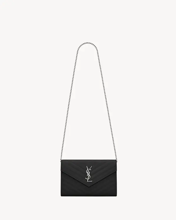 Saint Laurent Cassandre Chain Wallet In Grain De Poudre Leather - Black