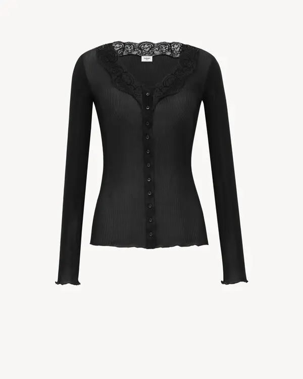 Saint Laurent Ribbed Silk Cardigan With Lace Detailing