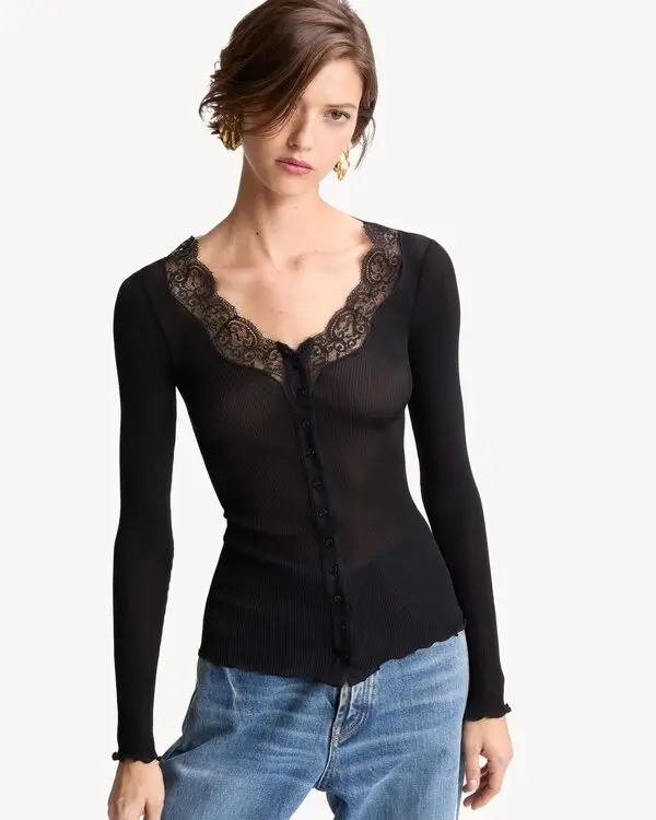 Saint Laurent Ribbed Silk Cardigan With Lace Detailing