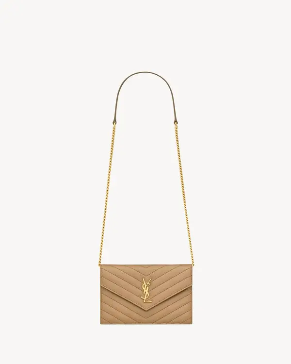 Saint Laurent Cassandre Envelope Chain Wallet In Lambskin - Natural Tan