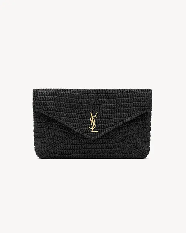 Saint Laurent Cassandre Large Envelope Pouch In Raffia - Noir