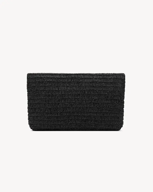 Saint Laurent Cassandre Large Envelope Pouch In Raffia - Noir