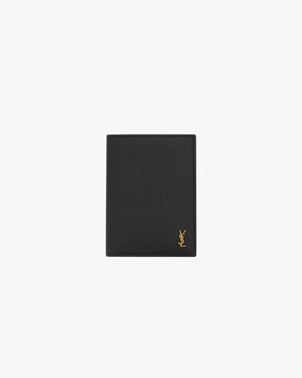 Saint Laurent Tiny Cassandre Credit Card Wallet In Grained Leather - Black