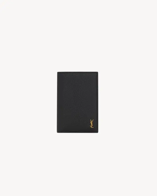 Saint Laurent Tiny Cassandre Credit Card Wallet In Grained Leather - Black