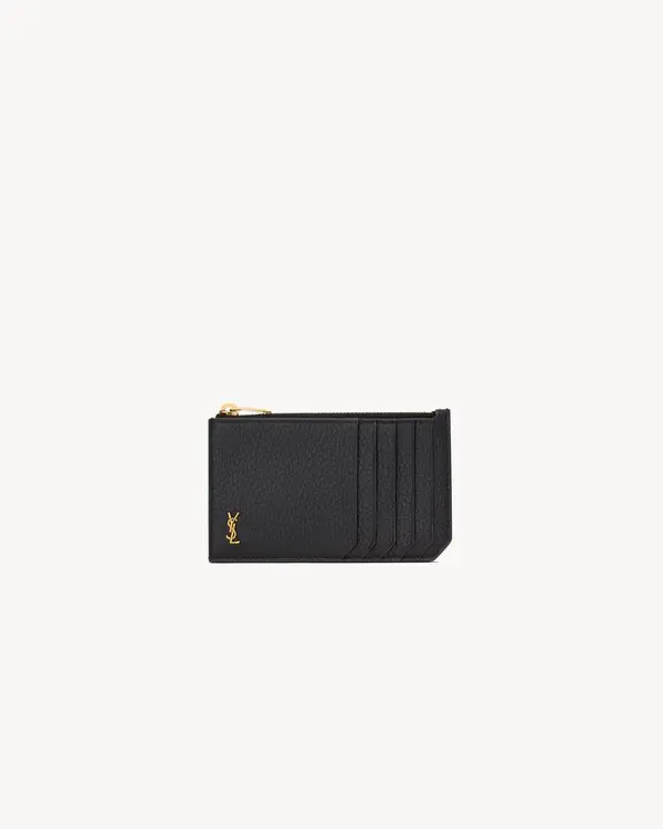 Saint Laurent Tiny Cassandre Fragments Zip Card Case In Grained Leather - Black