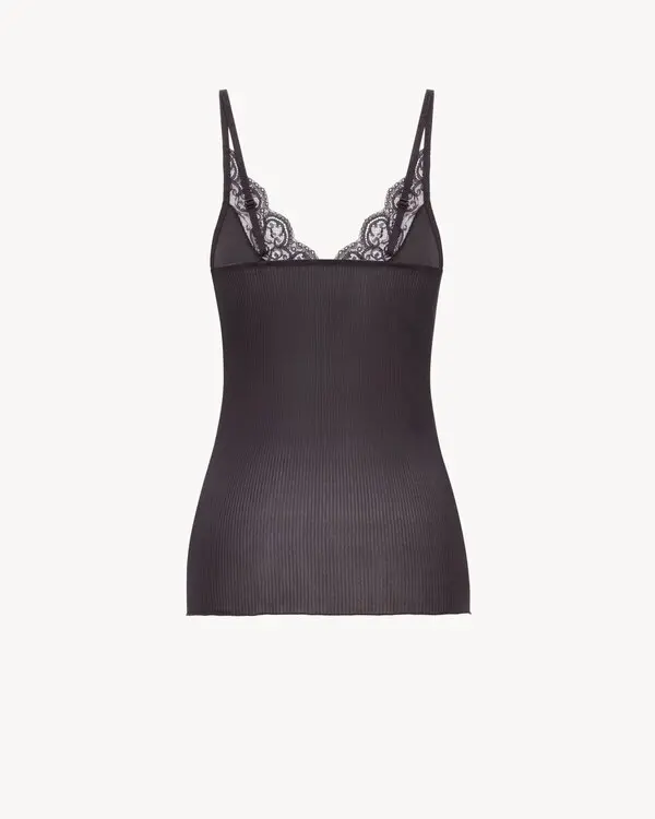 Saint Laurent Ribbed Silk Jersey Tank Top With Lace Trim