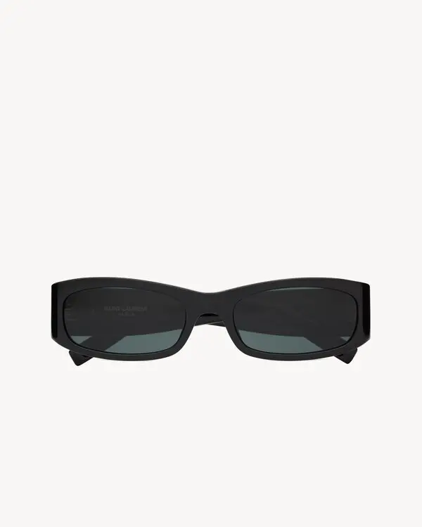 Saint Laurent Rectangular Acetate Sunglasses With Gold Tone Monogram - Black