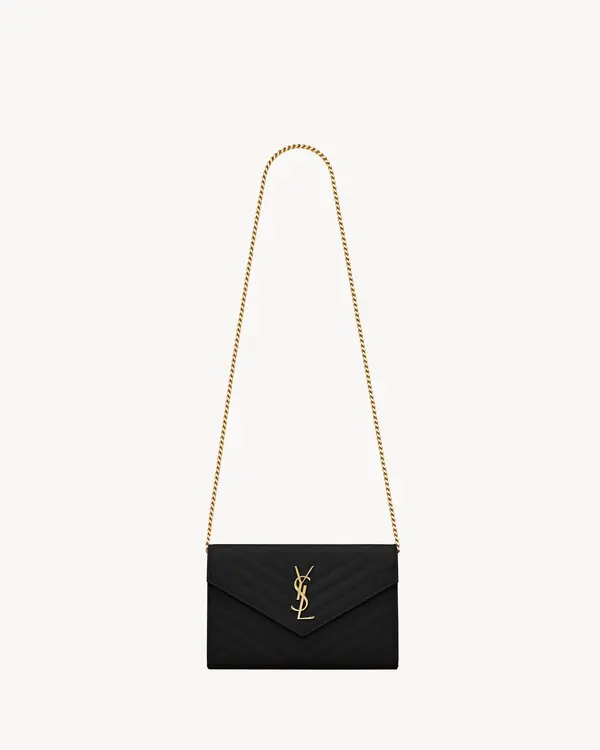 Saint Laurent Classic Cassandre Chain Wallet In Grain De Poudre Leather - Black