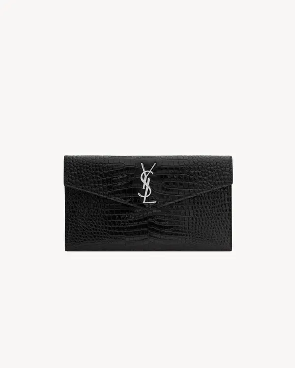 Saint Laurent Pouch In Crocodile-embossed Shiny Leather - Black
