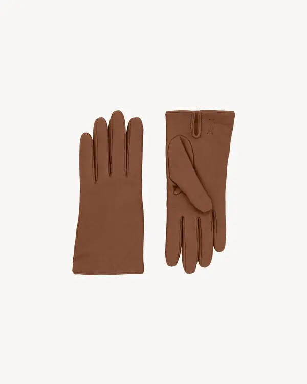 Saint Laurent Cassandre Gloves In Leather, Cashmere, And Wool - Camel