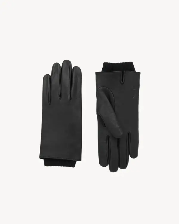 Saint Laurent Cassandre Cuffed Gloves In Leather And Wool - Black