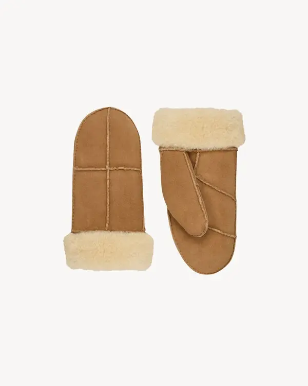 Saint Laurent Shearling Patchwork Mittens - Beige