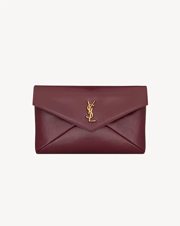 Saint Laurent Cassandre Large Envelope Pouch In Shiny Leather - Dark Ruby