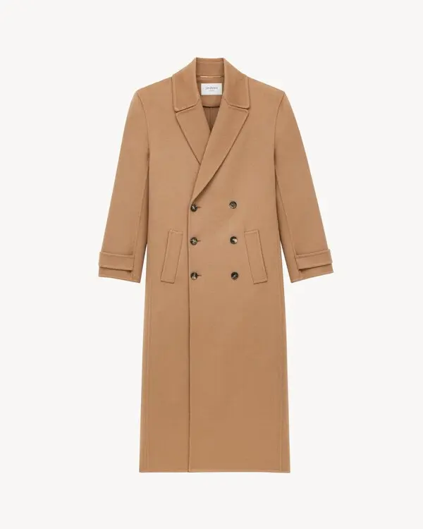 Saint Laurent Long Coat In Brushed Cashmere And Wool - Camel