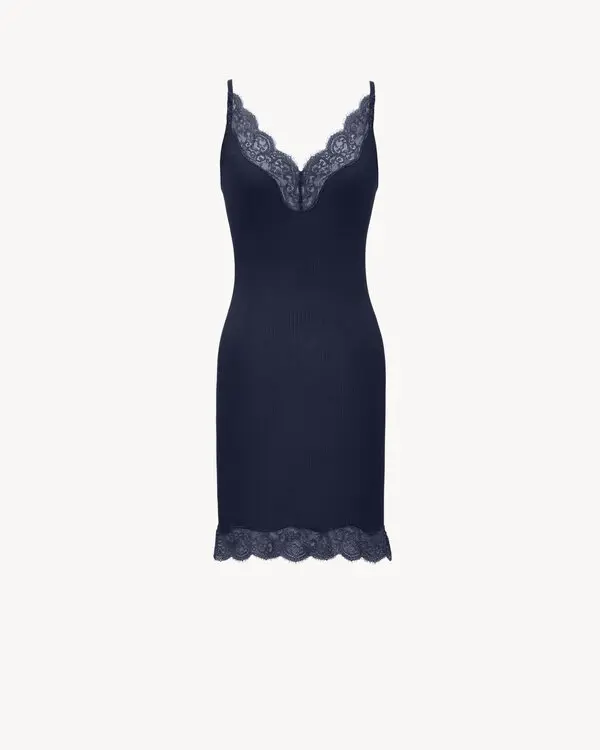 Saint Laurent Silk Jersey Slip Dress With Lace Trim - Navy