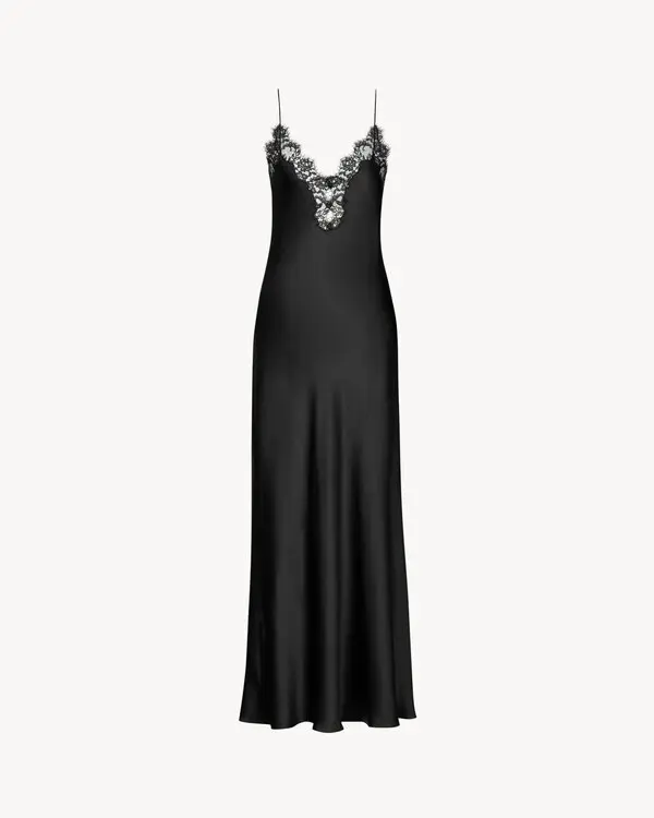 Saint Laurent Silk Satin And Lace Maxi Slip Dress - Noir