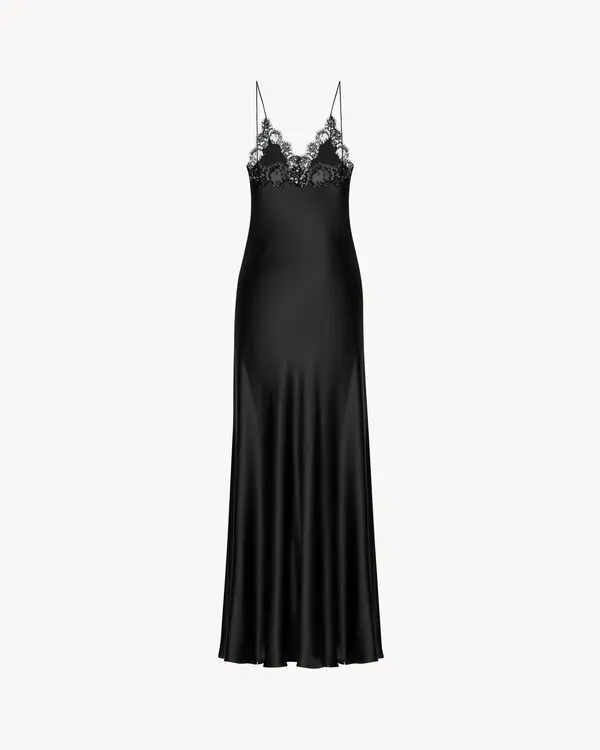 Saint Laurent Silk Satin And Lace Maxi Slip Dress