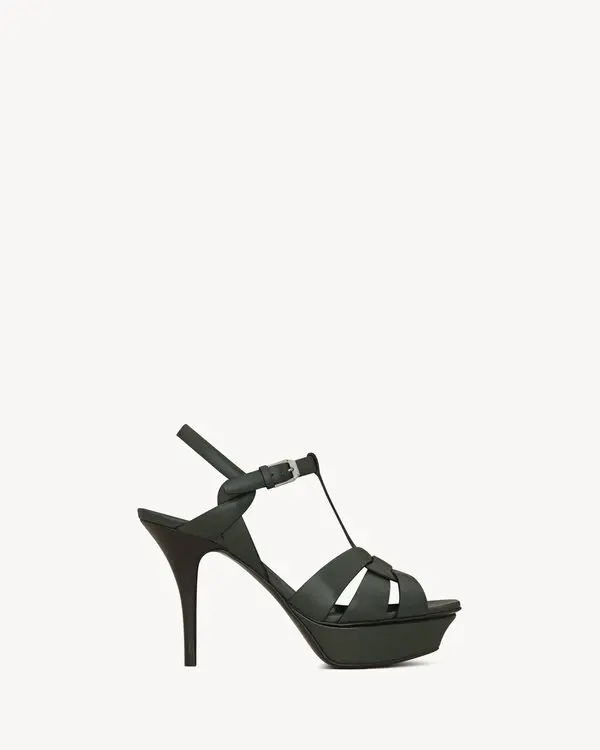 Saint Laurent Tribute Platform Sandals In Smooth Leather - Dark Green