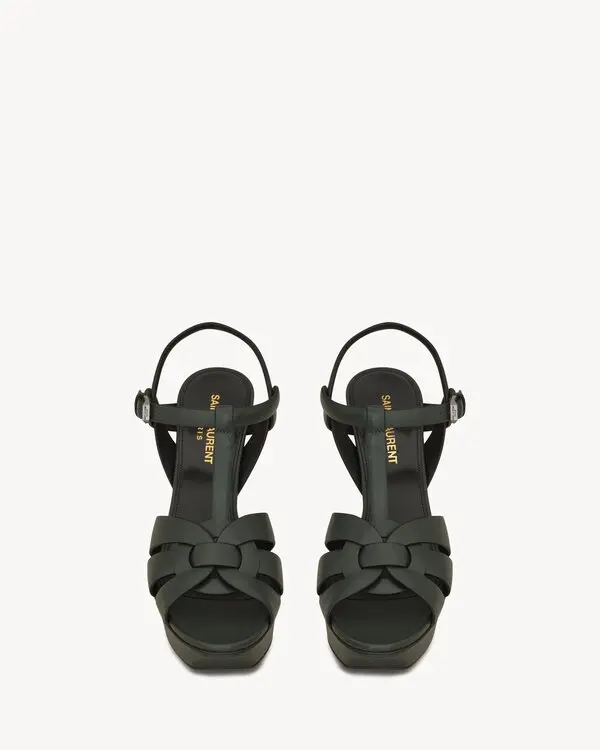 Saint Laurent Tribute Platform Sandals In Smooth Leather - Dark Green
