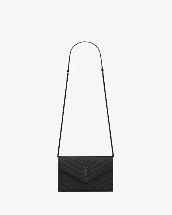 Saint Laurent Cassandre Envelope Chain Wallet In Grain De Poudre Leather - Black