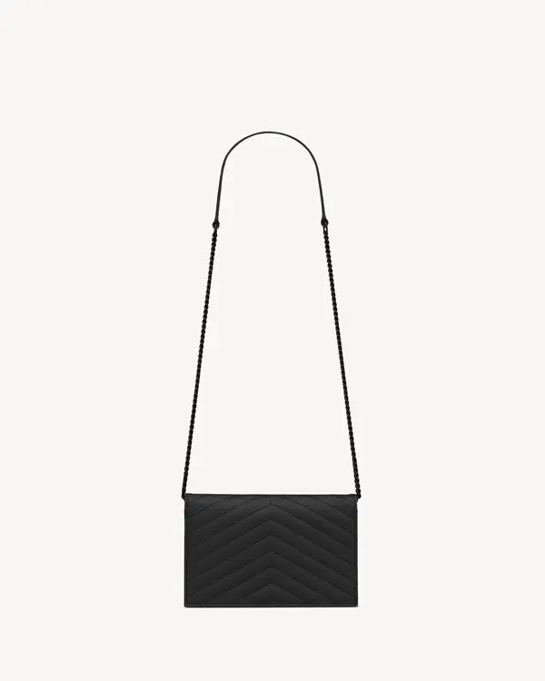 Saint Laurent Cassandre Envelope Chain Wallet In Grain De Poudre Leather - Black