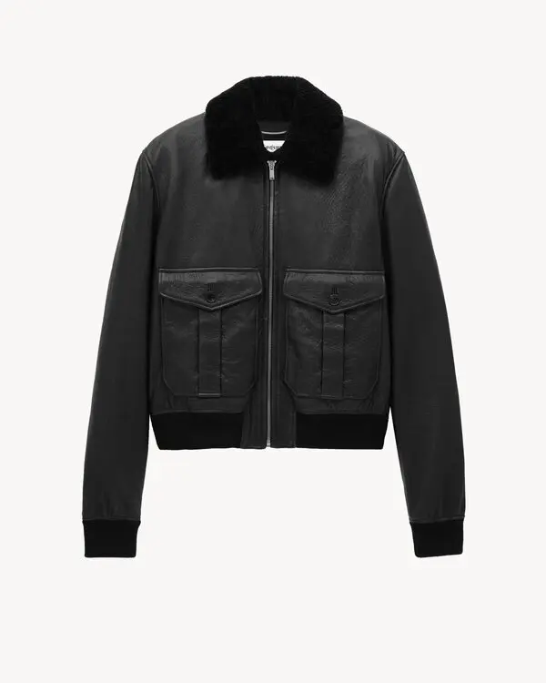 Saint Laurent Bomber Jacket In Bubbled Lambskin And Shearling - Black
