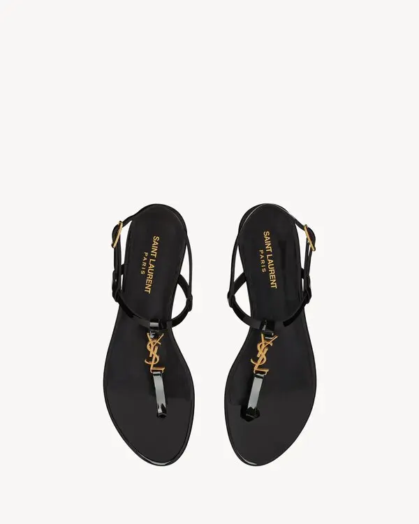Saint Laurent Cassandra Flat Sandals In Patent Leather - Black