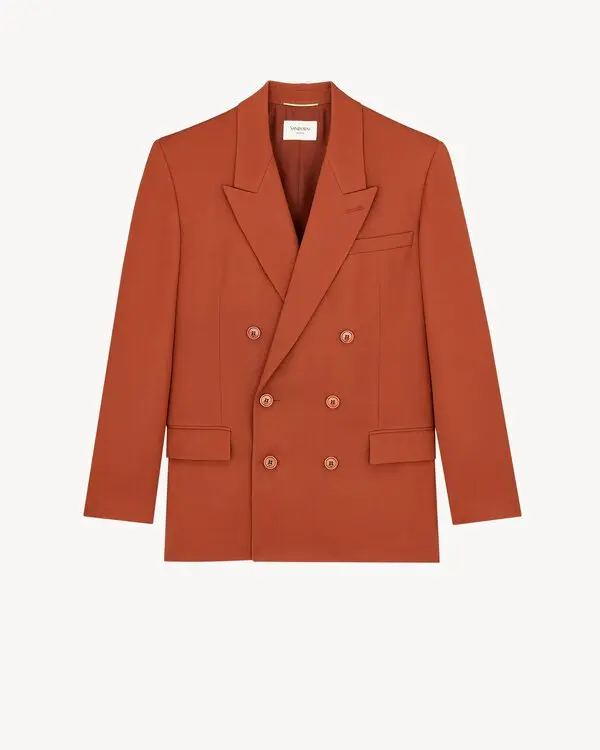 Saint Laurent Double-breasted Jacket In Wool Gabardine - Brique