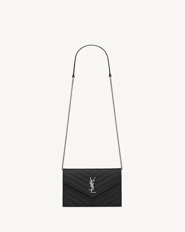 Saint Laurent Cassandre Envelope Chain Wallet In Grain De Poudre Leather - Black