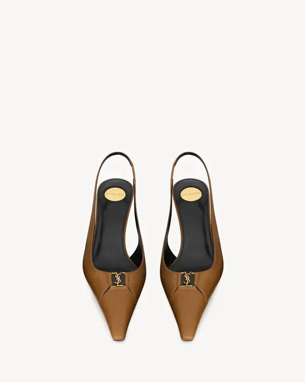 Saint Laurent Babylone Bretueil Slingback Pumps In Smooth Leather - Macadamia