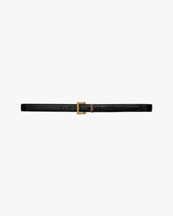 Saint Laurent Cassandre Thin Belt In Crocodile-embossed Leather - Black