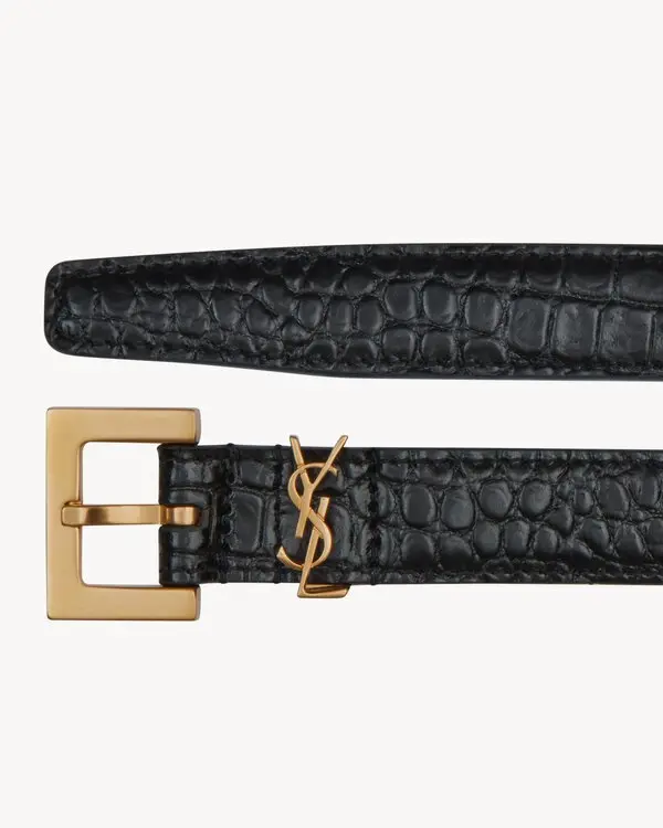 Saint Laurent Cassandre Thin Belt In Crocodile-embossed Leather - Black