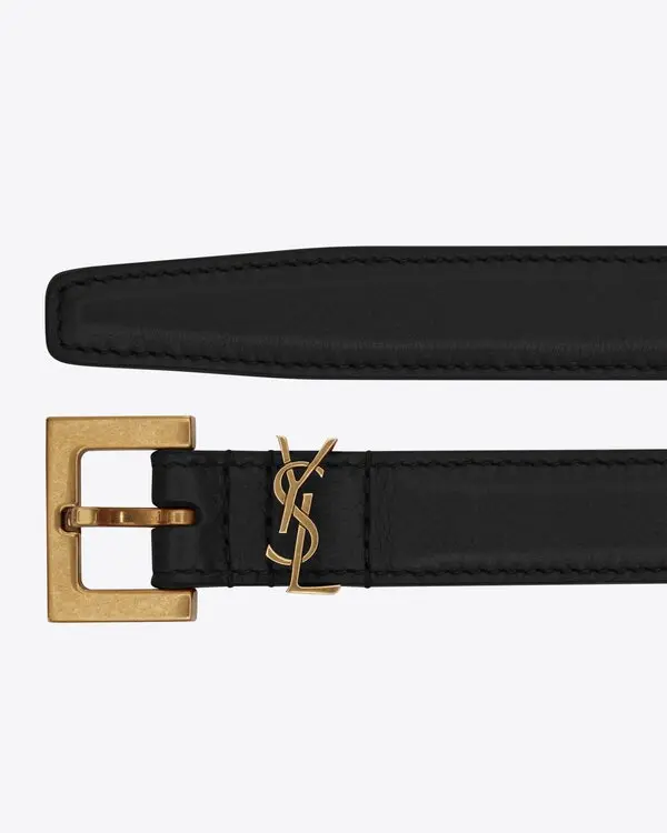 Saint Laurent Cassandre Thin Belt In Smooth Leather - Black