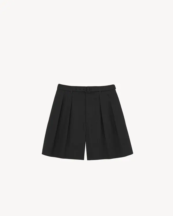Saint Laurent Belted Tailored Bermuda Shorts In Cotton Poplin - Noir