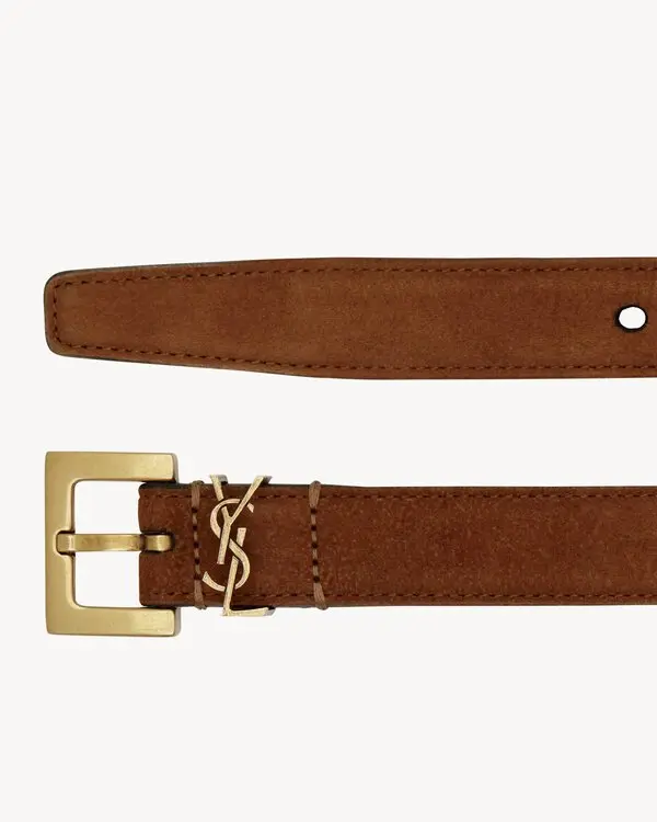 Saint Laurent Cassandre Thin Belt In Suede - Brick
