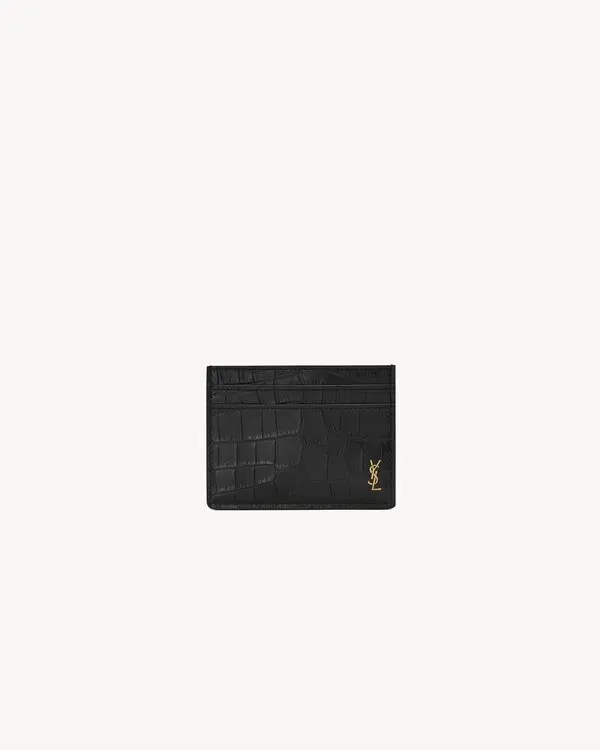Saint Laurent Tiny Cassandre Card Case In Crocodile-embossed Matte Leather - Black