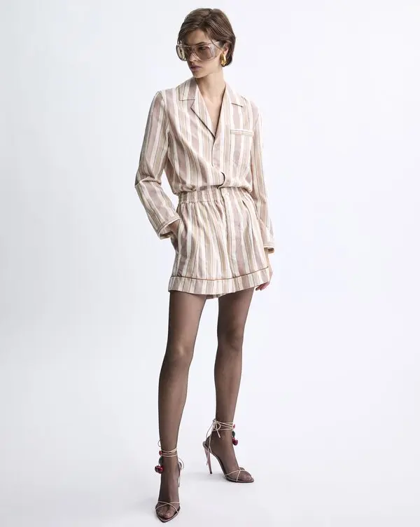 Saint Laurent Pajama Top In Striped Cotton - Praline