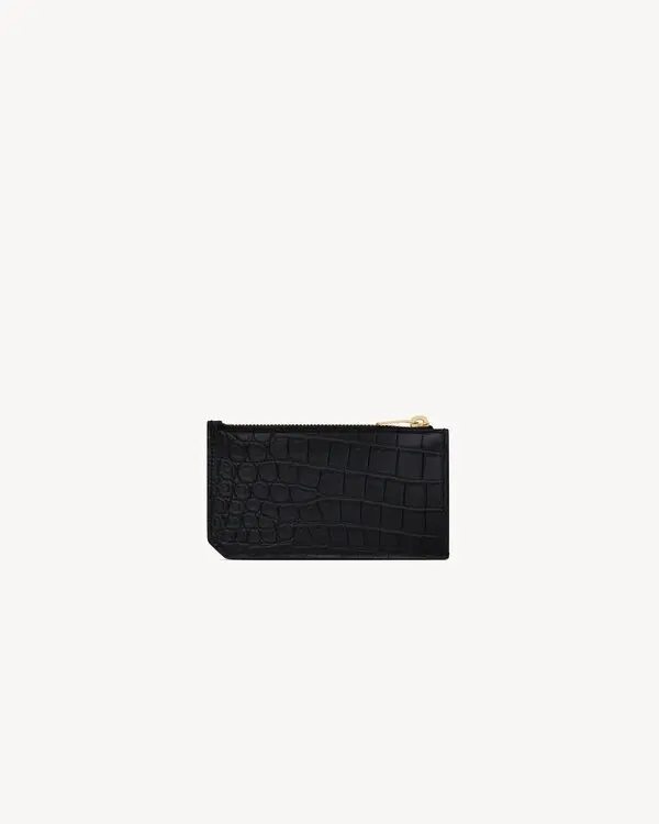 Saint Laurent Tiny Cassandre Fragments Zip Card Case In Crocodile-embossed Matte Leather