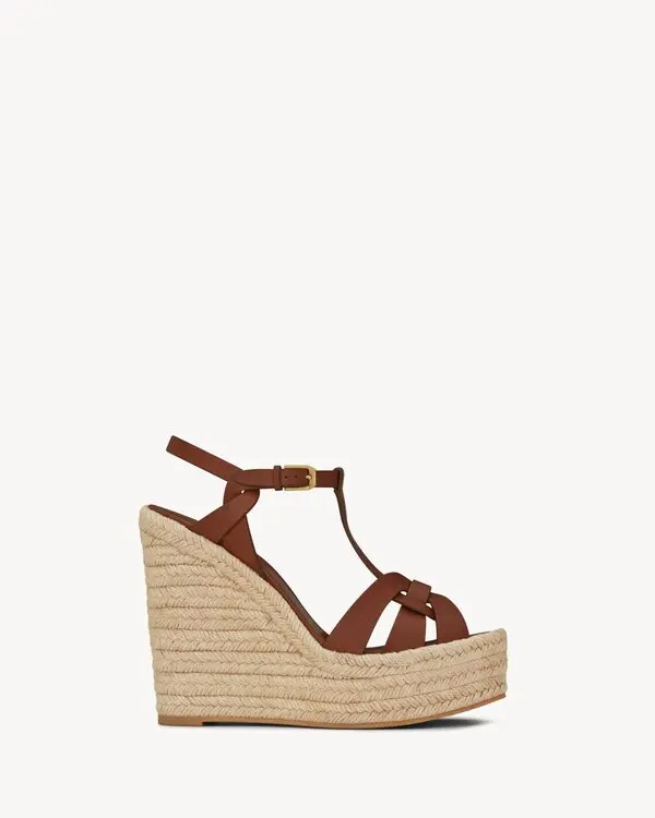 Saint Laurent Tribute Espadrille Wedge Sandals In Smooth Leather - Amber