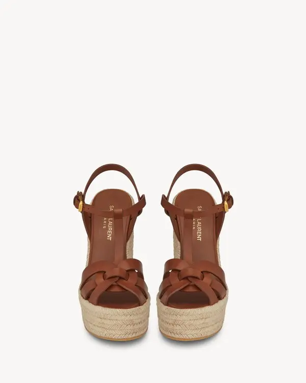Saint Laurent Tribute Espadrille Wedge Sandals In Smooth Leather - Amber