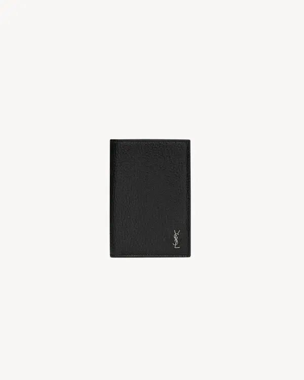 Saint Laurent Tiny Cassandre Credit Card Wallet In Grained Leather - Black
