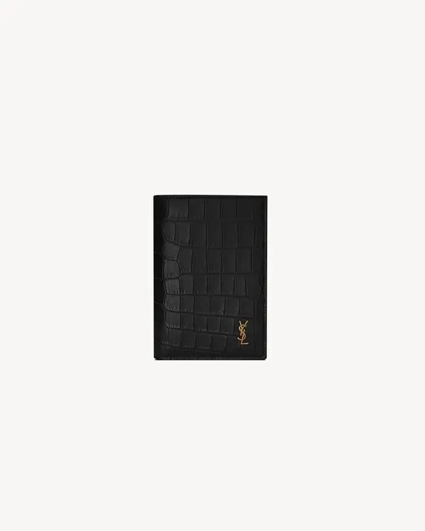 Saint Laurent Tiny Cassandre Credit Card Wallet In Crocodile-embossed Matte Leather - Black