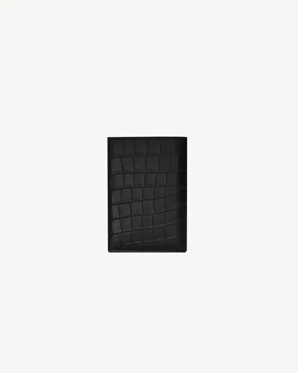 Saint Laurent Tiny Cassandre Credit Card Wallet In Crocodile-embossed Matte Leather