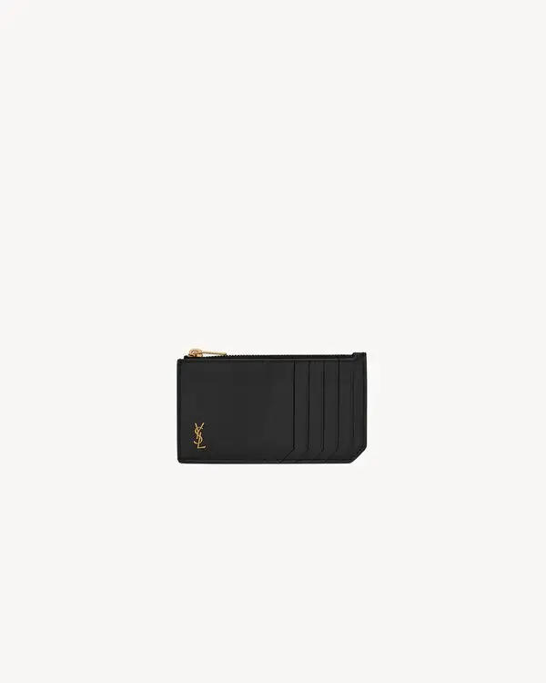 Saint Laurent Tiny Cassandre Zipped Fragments Credit Card Case In Shiny Leather - Black