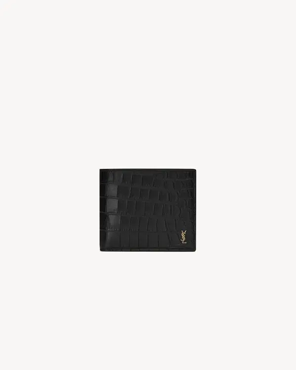 Saint Laurent Tiny Cassandre East/west Wallet With Coin Purse In Crocodile-embossed Matte Leather - Black